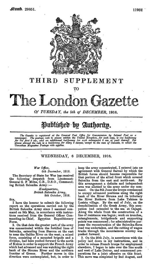 General Milne’s first few months… – Salonika Campaign Society, 1915-1918
